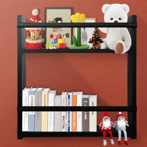 YLYHSST Nursery Floating Shelves 24 Inch Solid Wood Bookshelf, Suitable for Kids Room, Nursery. Double Decker Toys Storage, Kitchen Spice Rack, Black