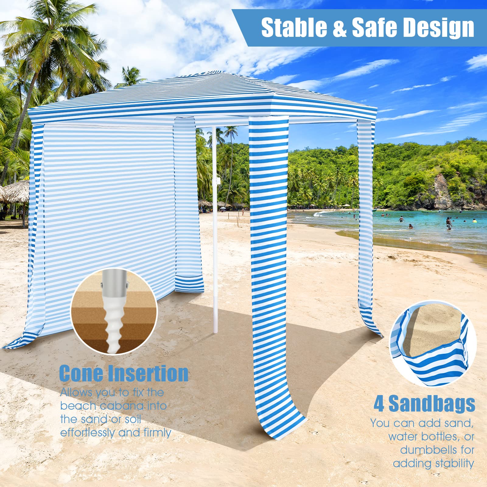 MIDDOW Beach Cabana, 6.7โ x 6.8โ Easy to Set up Beach Tent w/ Adjustable Height, Detachable Sidewall, Carry Bag, 4 Sandbags, NP10352BL Sun Shelter