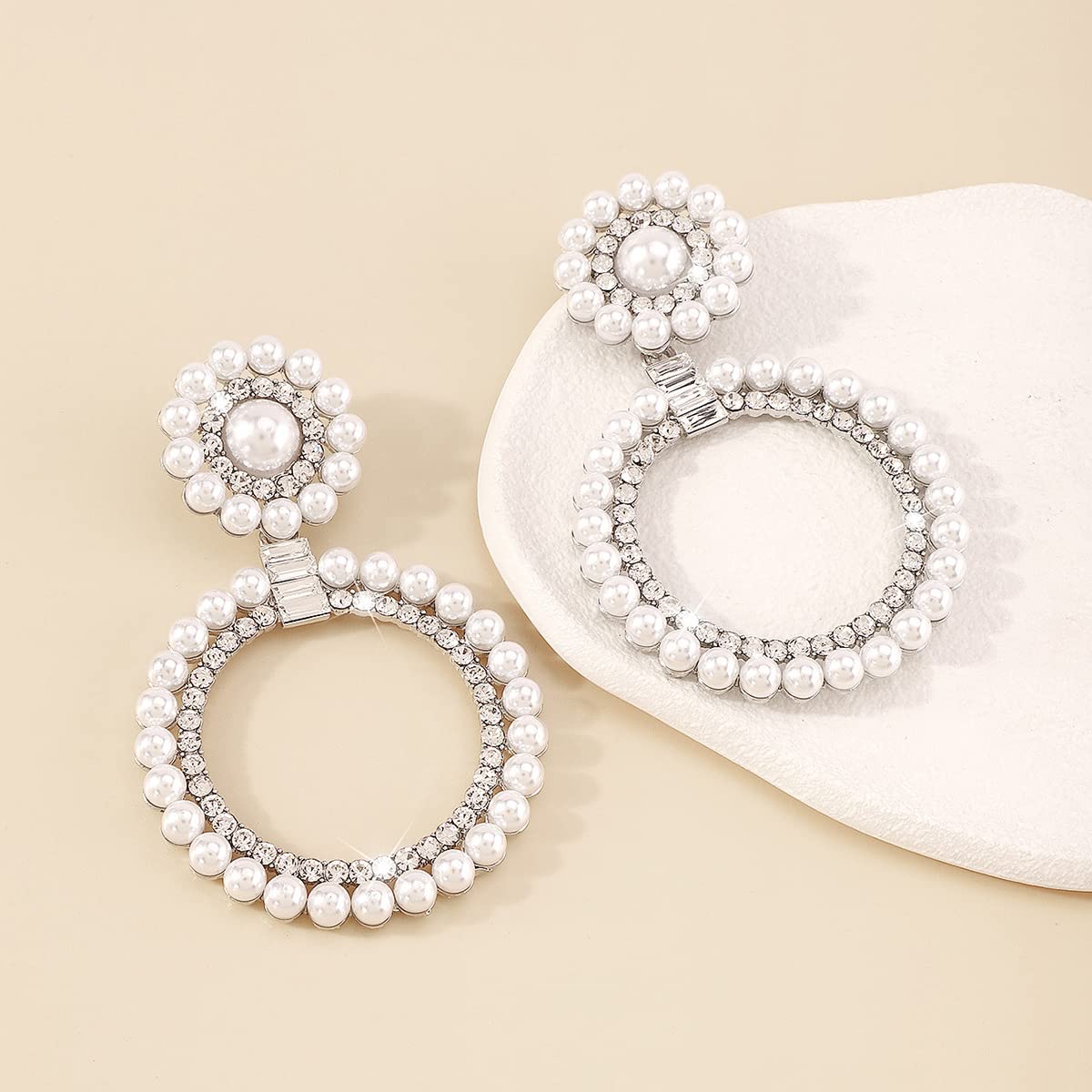 Jumwrit Pearl Hoop Earrings Big Circle Dangle Drop Earrings Rhinestone Round Stud Earrings Statement Pearl Earrings for Women Girls(Silver)