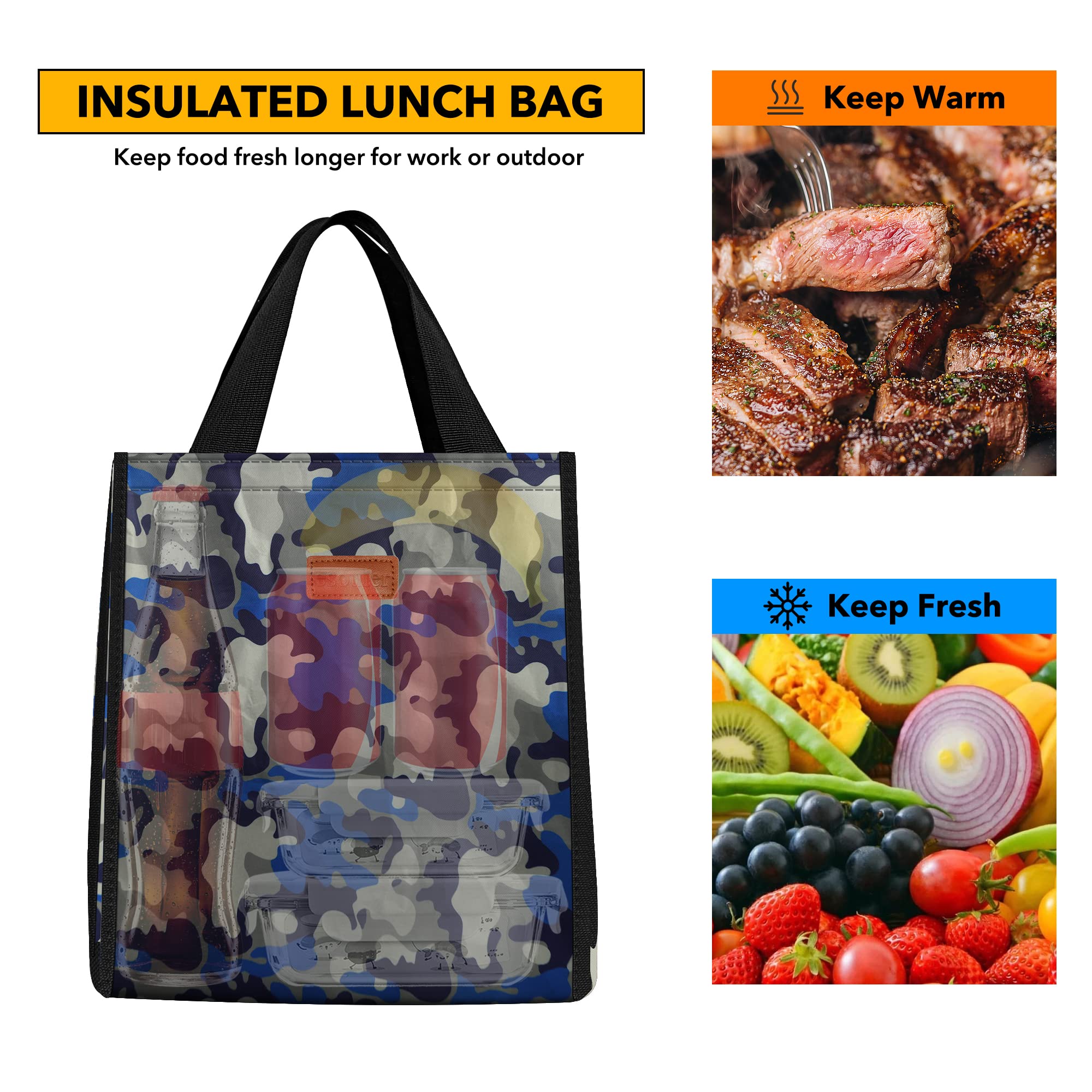 Lunch Bag Women Men Black Insulated Lunch Box Reusable Lunch Tote Bag for Work-Black