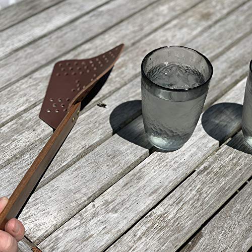 Outset Acacia Wood and Leather Heavy Duty, Extra Large Fly Swatter, Brown