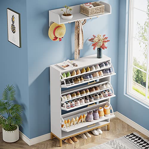 Tribesigns Narrow Shoe Cabinet, Shoes Cabinet and Coat Rack Set, Flip Drawer Shoe Storage Cabinet for Entryway, White Shoe Organizer Cabinet