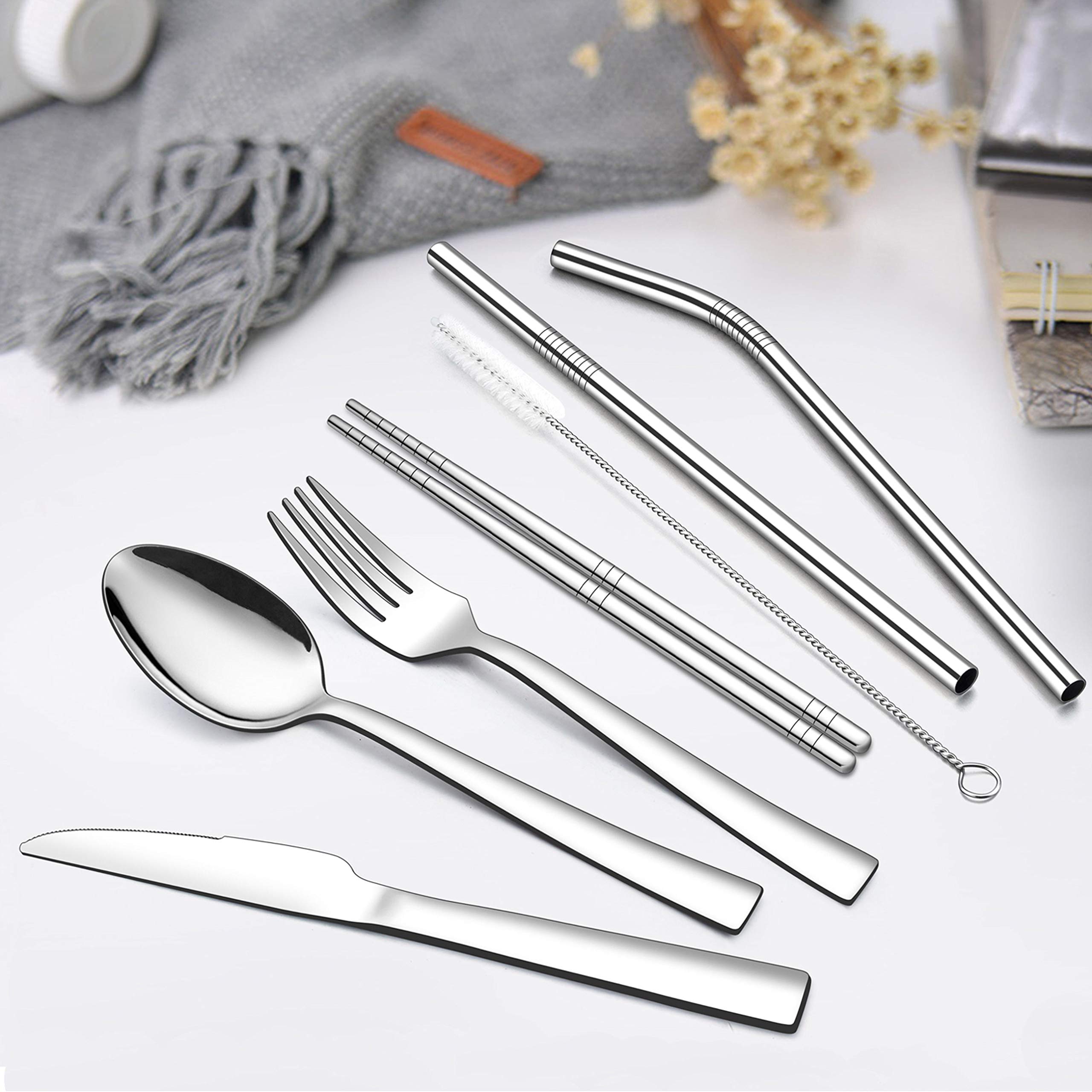 LIANYU 2 Pack Travel Silverware Set, 18-Piece Portable Utensils Flatware Set with Blue and Pink Case Bag, Reusable Cutlery Set for School Office Camping, Dishwasher Safe