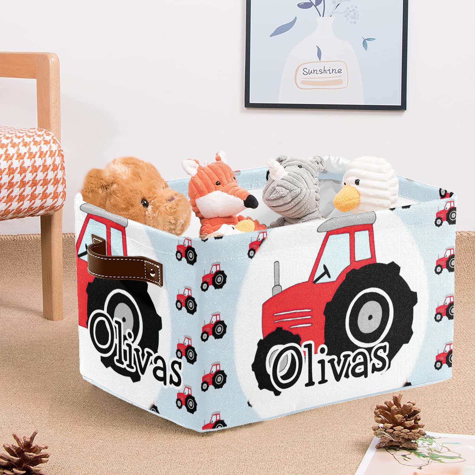 Personalized Storage Bins, Custom Storage Basket Boxes for Organizing Closet Shelf Nursery Toy Boys Red Tractor
