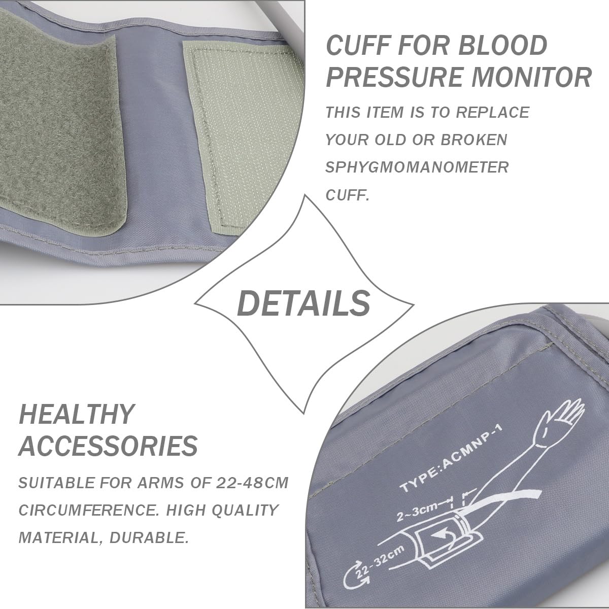 UPIQNG Blood Pressure Cuff Blood Pressure Machine Cuff,Sphygmomanometer Cuff Replacement Accessories,No Bp Machine,22-32cm (Silver Grey)