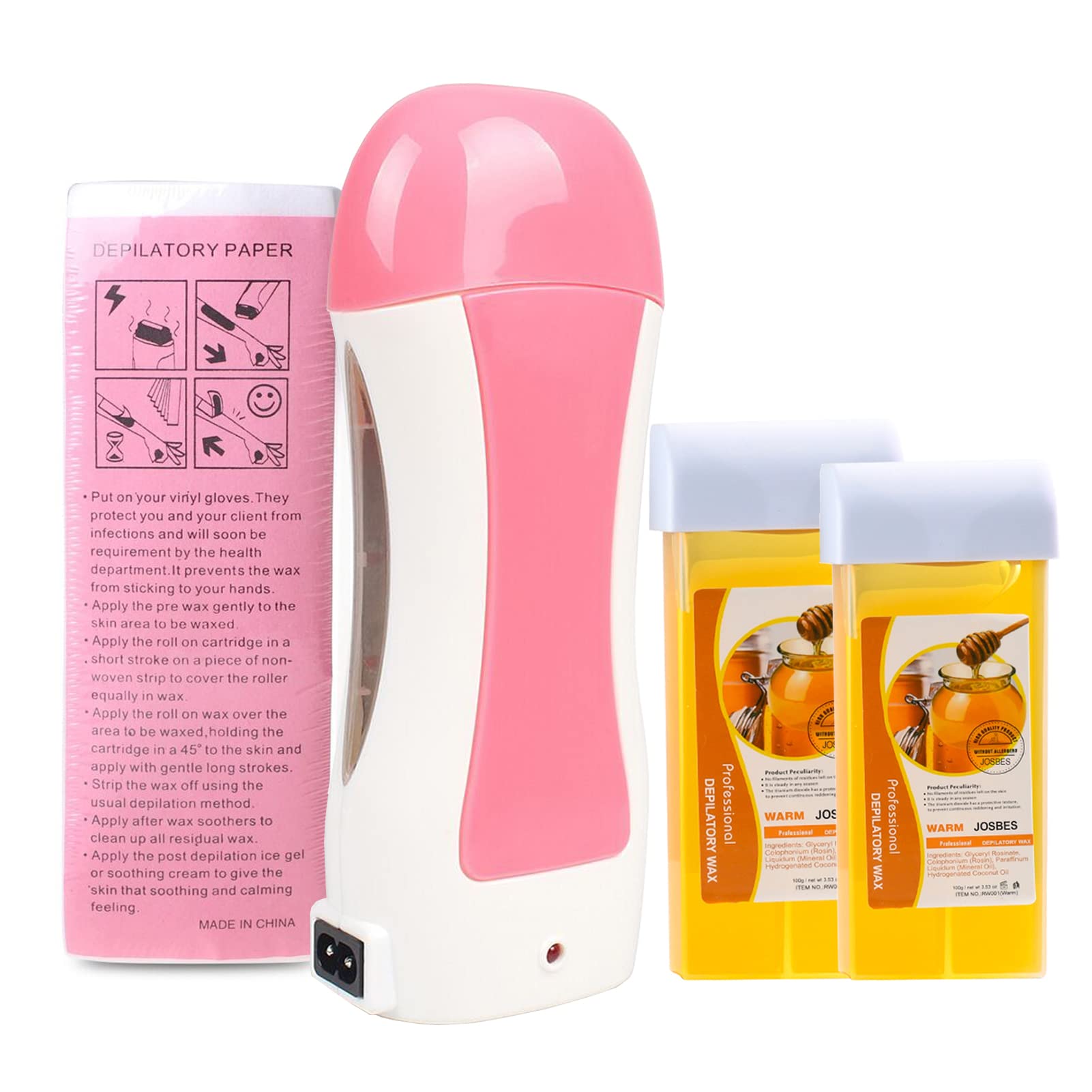 Roll On Wax Kit, Honey Roller Waxing Kit for Sensitive Skin, Hair Removal Roll On Wax Warmer with 2 Wax Roller Cartridge Refill,100 pcs Wax Strips, for Legs Arms and Underarm