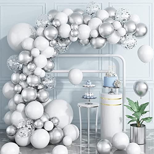 RUBFAC 105pcs White and Silver Confetti Balloons Garland Kit, White Metallic Silver and Silver Confetti Party Balloons for Birthday, Graduation, Wedding Party Decoration