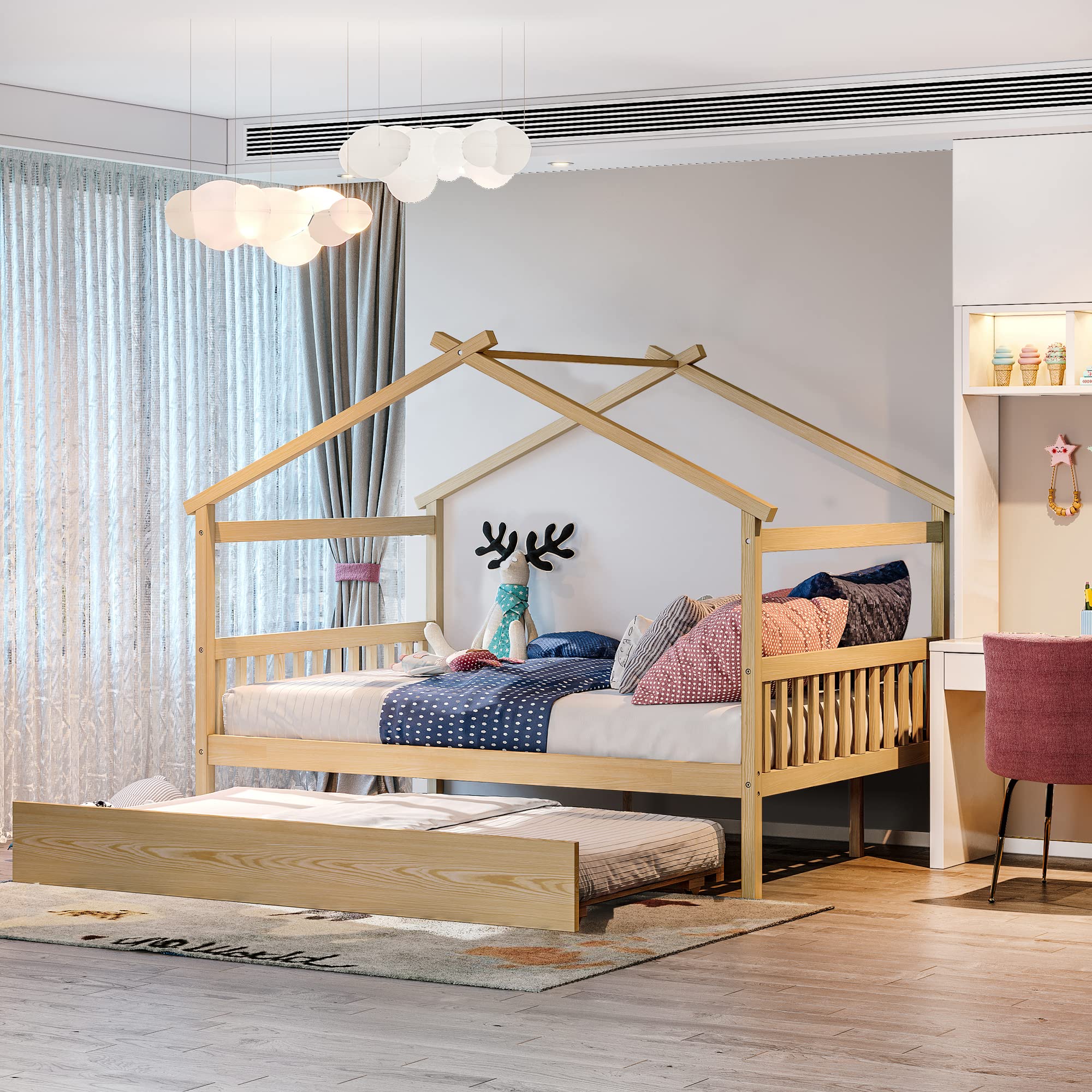 Quarte Full Size Wooden House Bed with Twin Size Trundle,Wooden Daybed Tent Bed for Kids Boys Girls Bedroom,Can be Decorated (Natural/House6)