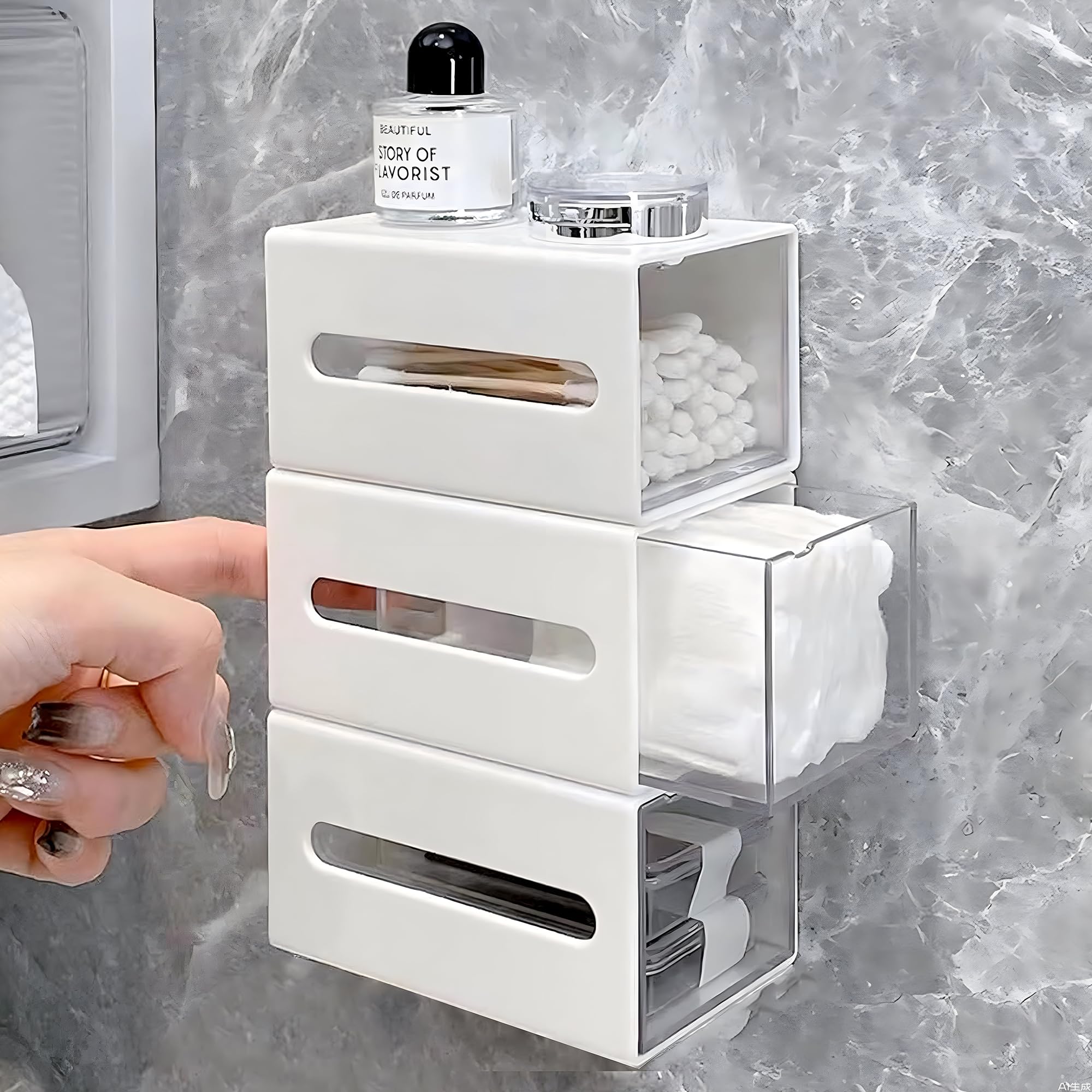 Wall Mounted Qtip Holder Canisters, Bathroom Organizers and Storage, Multi-Functional Double-Sided Drawer, for Cotton Balls, Swabs, Floss, Hair Tie, No Drilling(3 Pack)