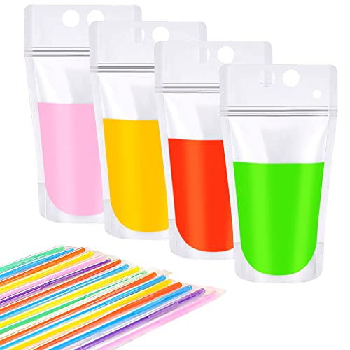 LOMIMOS 50 PCS Stand-Up Plastic Drink Pouches,Reusable Heavy Duty Hand-Held Translucent Reclosable Zipper Drink Bag with 50 Straws for Smoothie Juice Adult Party