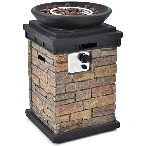 ORALNER Propane Fire Pit, Fire Column 40,000 BTU Outdoor Fire Bowl w/Rain Cover & Lava Rocks Auto Ignition Metal Patio Fireplace Gas Firepit for Outside Patio Courtyard Porch Deck Pool (Brown)