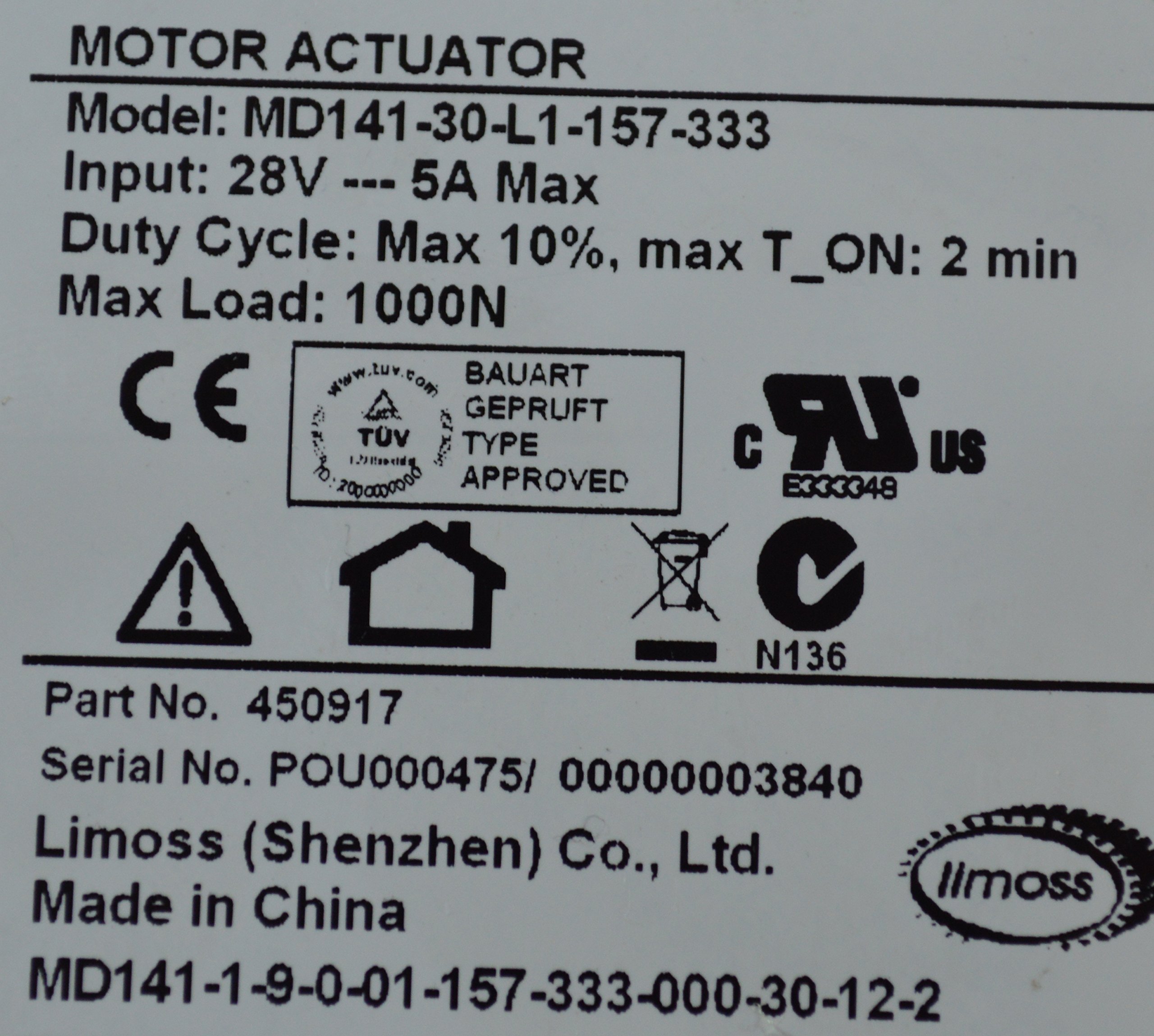 Limoss 450917 MD141-30-L1-157-333 Power Recliner Replacement Motor Actuator for Part #'s 450917 450676 450626
