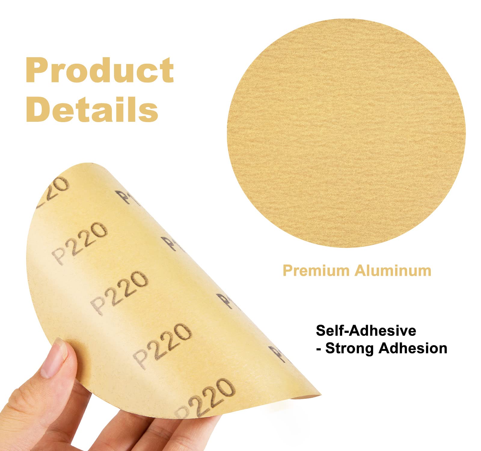 MIDO Professional Abrasive Gold PSA Sandpaper 6 Inch 100 PCS Sanding Discs 220 Grit Self Adhesive Stickyback Sandpaper Roll Aluminum Oxide Adhesive Backed Sandpaper for Wood, Metal, and Car Paint