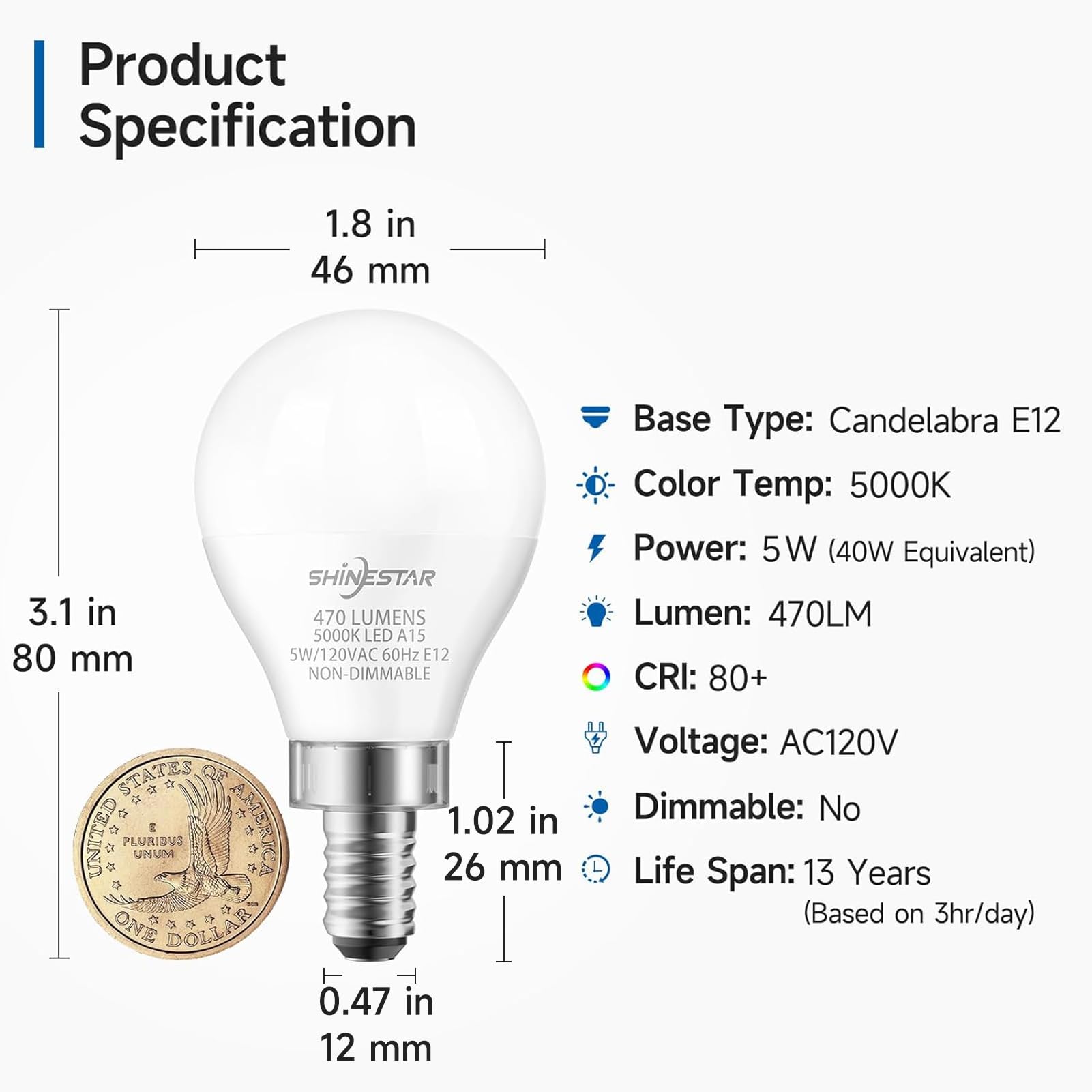 SHINESTAR 6-Pack Ceiling Fan Light Bulbs with E12 Small Base, 40W Equivalent, 5000K Daylight White, A15 Shape LED Candelabra Bulb, Non-Dimmable