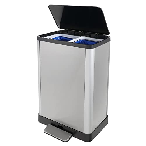 WICHEMI 30L Dual Trash Can, 2 x 4 Gal (2 x 15L) Stainless Steel Kitchen Garbage Can, Step-on Classified Recycle Garbage Bin with Soft-Close Lid & Removable Inner Buckets, Fingerprint-Proof, Airtight
