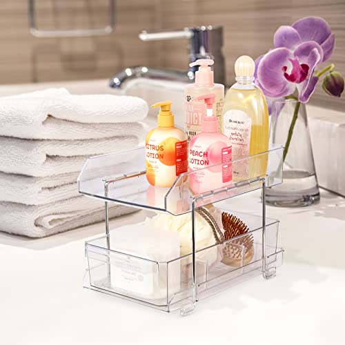 ruishetop 2-Tier Multi-Purpose Pull Out Cabinets Organizer Shelf, Under Sink Cabinet Organizer with Drawer, Sliding Basket Drawer Countertop Organizer Storage for Home Office Kitchen (Clear- 2 Set)