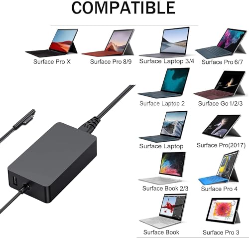 Surface Laptop Charger Surface Pro Charger Power Supply 65W 15V 4A Magnetic Replacement AC Adapter Compatible with Surface Pro 3/4/5/6/7/8/9/X Surface Go1/2/3 Surface Book1/2/3 Surface Laptop1/2/3/4