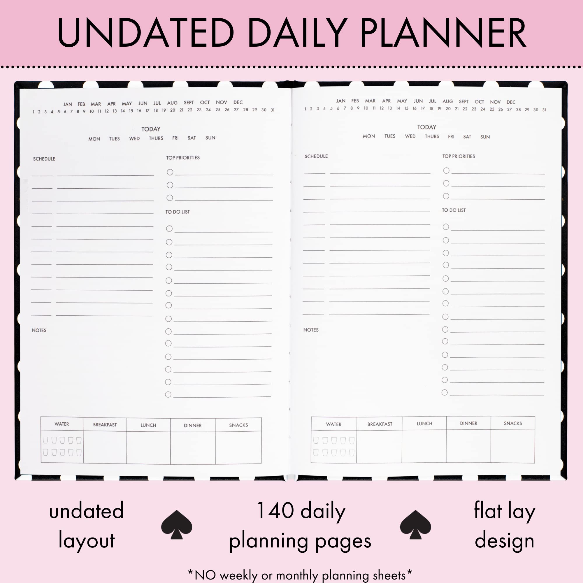 Kate Spade New York Undated Daily Planner, Large Journal Planner, To Do List Notebook, Black/Gold Hardcover Personal Organizer, Polka Dots