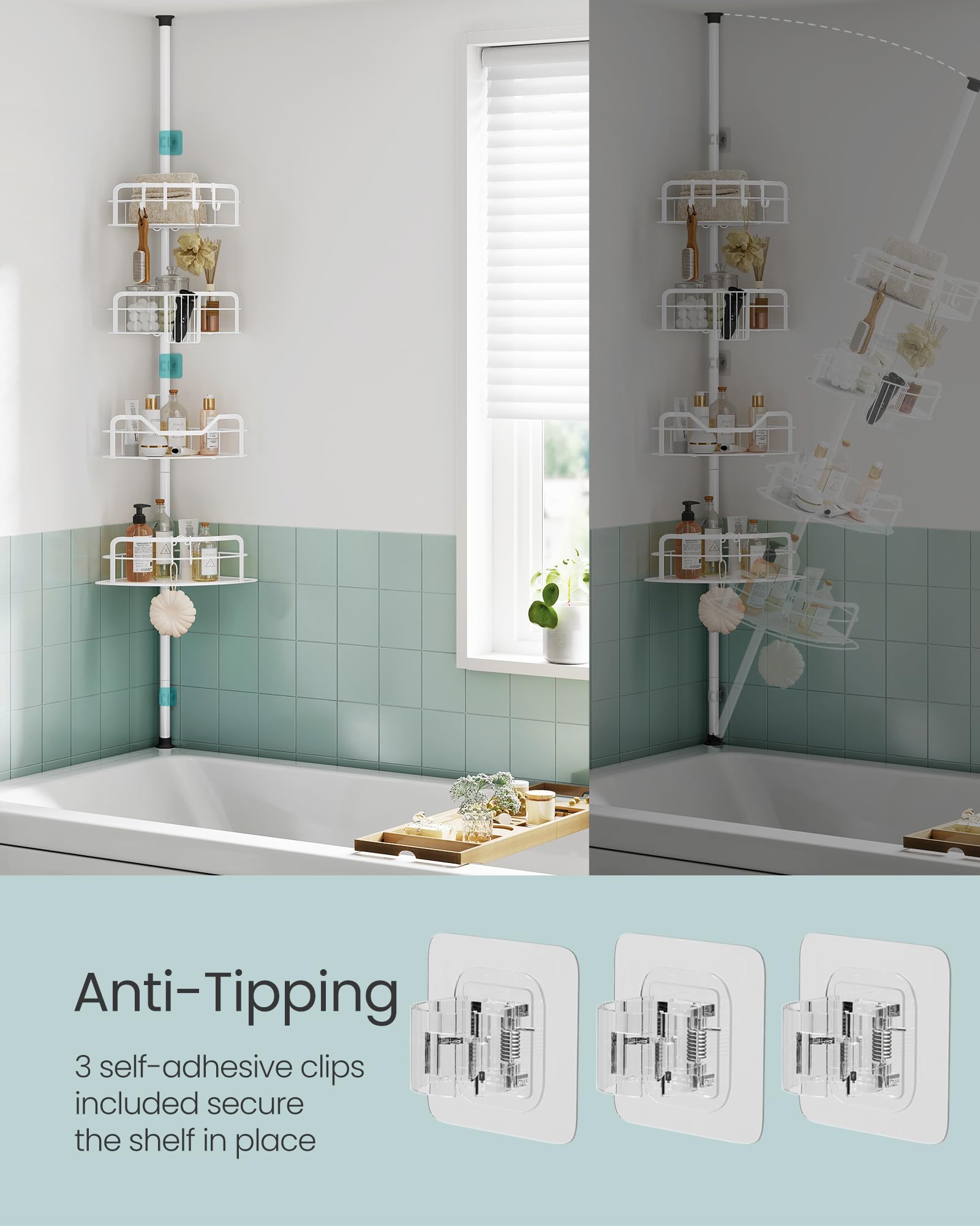 SONGMICS Corner Shower Caddy Tension Pole, 4-Tier Rust-Resistant Shower Organizer, Shower Shelf, No Drilling, 31.5 to 127.2 Inches, Height Adjustable Shelves, for Bathroom, Cloud White UBCB003W01