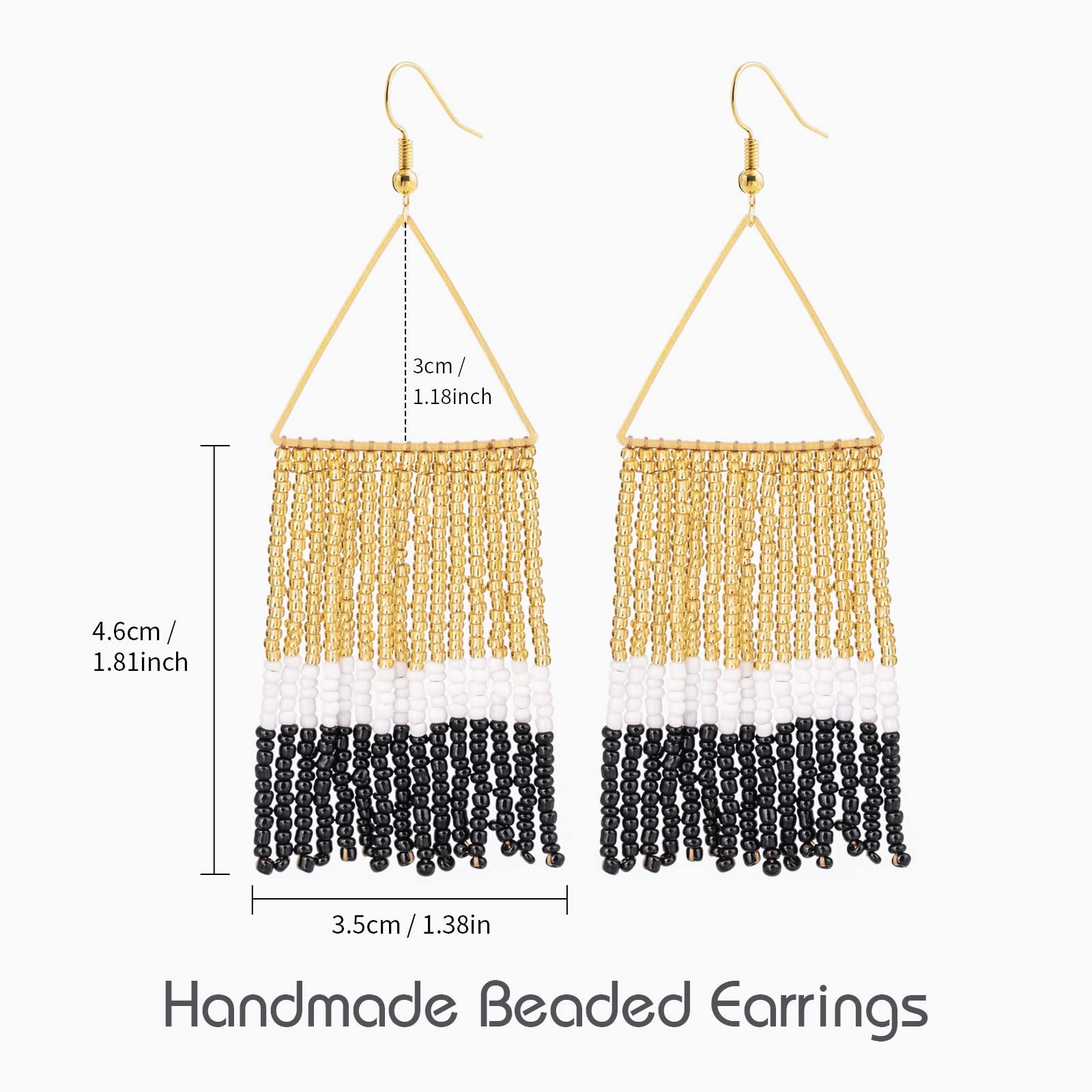 Handmade Beaded Tassel Earrings - Statement Seed Bead Earrings, Boho Beaded Fringe Drop Earrings for Women (TRIANGLE GOLD BLACK)