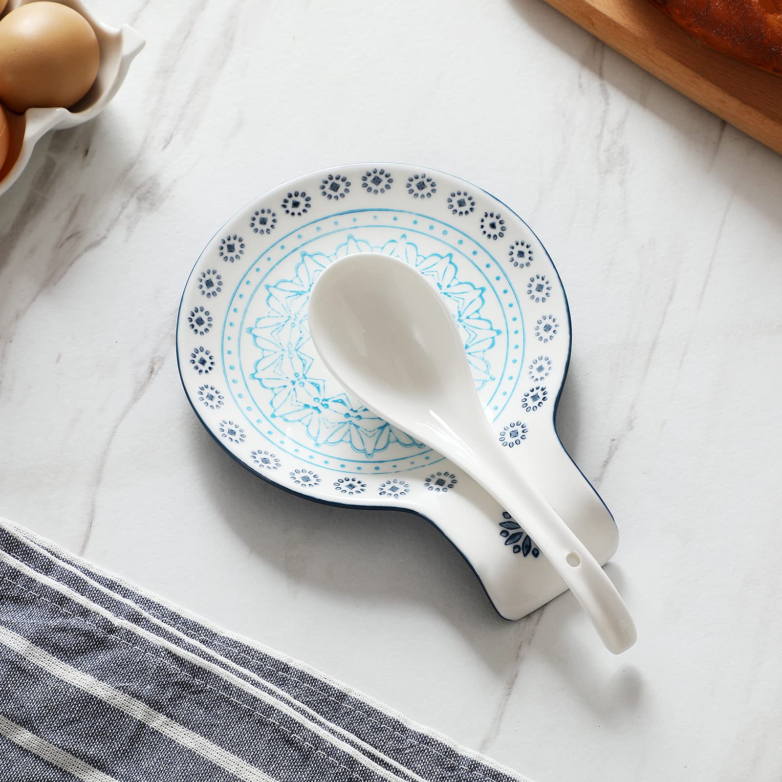 Magclay Hand Painted Spoon Rest, 5.5" Ceramic Spoon Holder for Stove Top and Kitchen Counter, Blue Pattern Utensil Rest, Great Cooking Gifts for Friends, Modern Kitchen Decorative