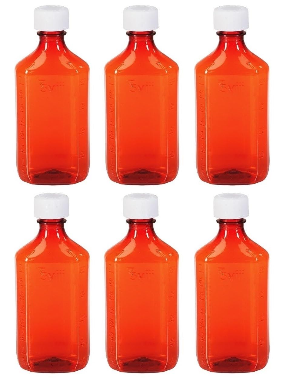 Sandhill Tools Premium Oval Plastic Liquid Medicine Bottles with Child Resistant Caps 8 Oz (240 ml), Pharmacy Leak Proof Travel Graduated Empty Containers (Pack of 6)