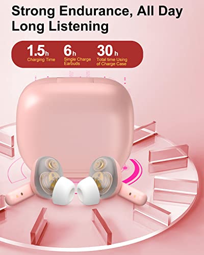 True Wireless HiFi Earbuds,Bluetooth Headphones with 4 Speakers,Hi-Res Audio 30H Playtime Earphones with LED Display Charging Case, Touch Control in-Ear Earbuds with Mic for Phones Games Sports Pink