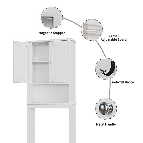 Shintenchi Over The Toilet Storage Cabinet, Bathroom Shelf Organizer with Anti-Tip Device Small Freestanding Space Saver with Adjustable Shelf,White