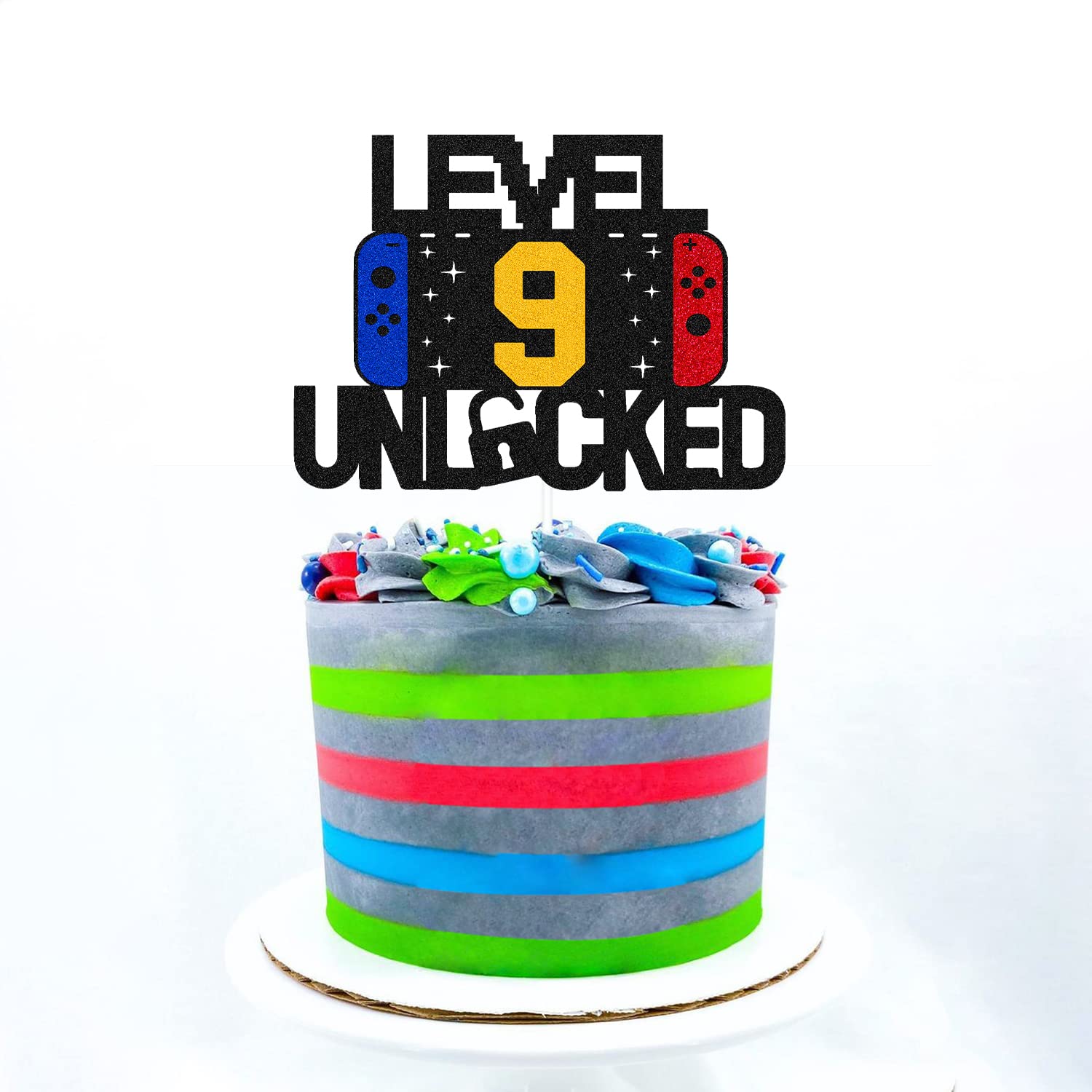 Level 9th Unlocked Sign Cake Topper Happy 9th Birthday Level Up Tenth Cake Decorations for Video Game Controller Themed Kids Boy Girl Bday Party Supplies Double Sided