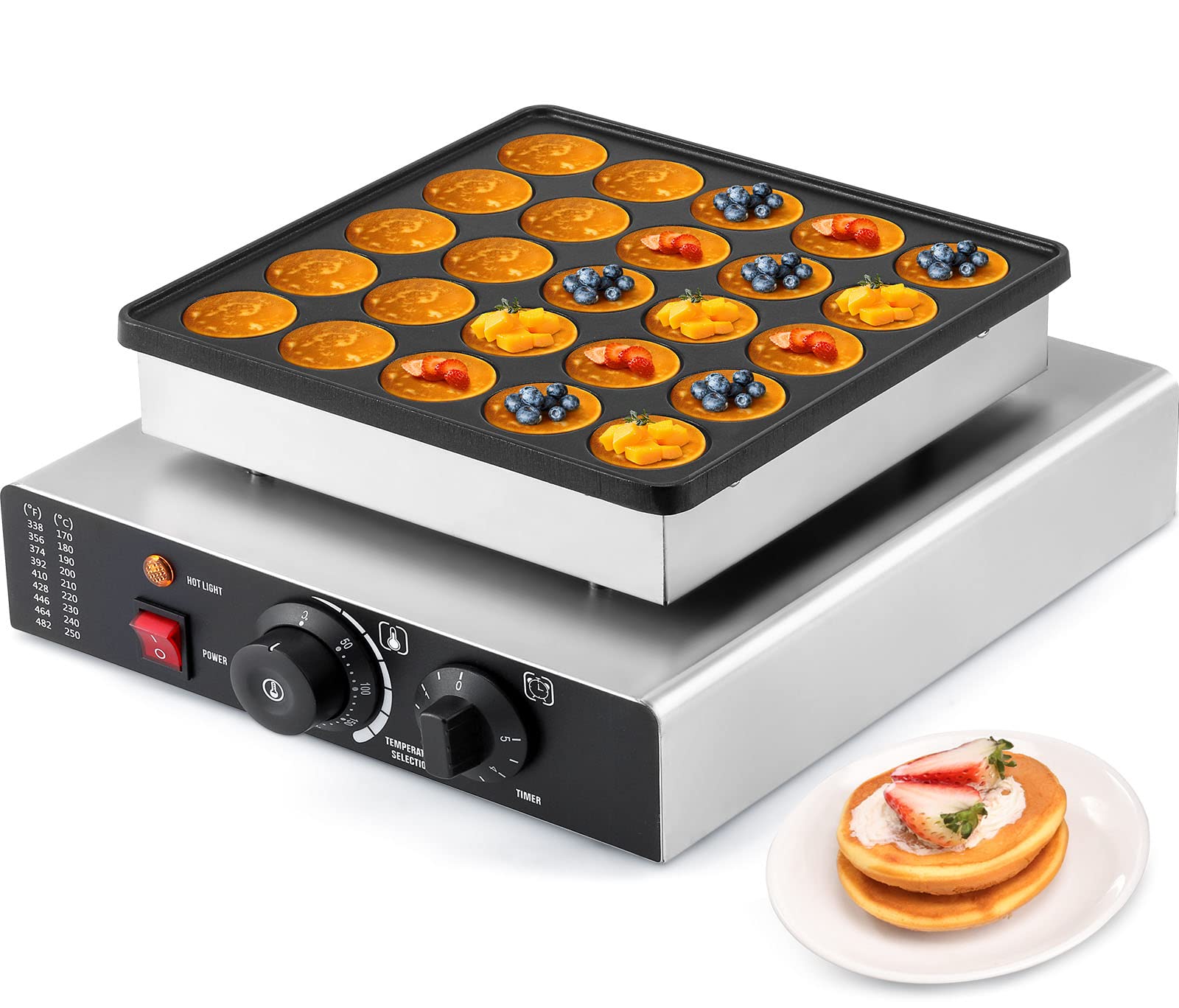 LANUEVA Mini Dutch Pancake Maker with Recipe, 25pcs 1.8" Electric Pancake Maker Baker Machine Non-Stick Coating, Stainless Steel, Fast Heating, Home & Commercial Use (110V)