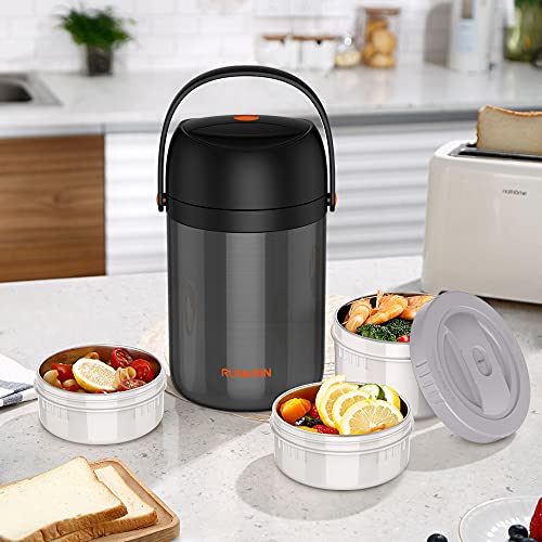Runkrin Insulated Food Jar 64oz for Hot Food 6 Hours, 3 Tiers Leak-Proof Stackable Thermal Lunch Box Containers, Stainless Steel Vacuum Soup Storage for Men Women