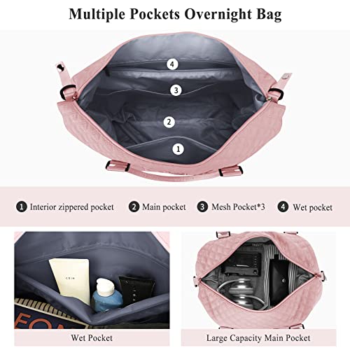 Travel Duffel Bag Weekender Bag for Women,Overnight Carry on Bag with Toiletry Bag, Gym Tote Bag with Wet Pocket,Grid Pink