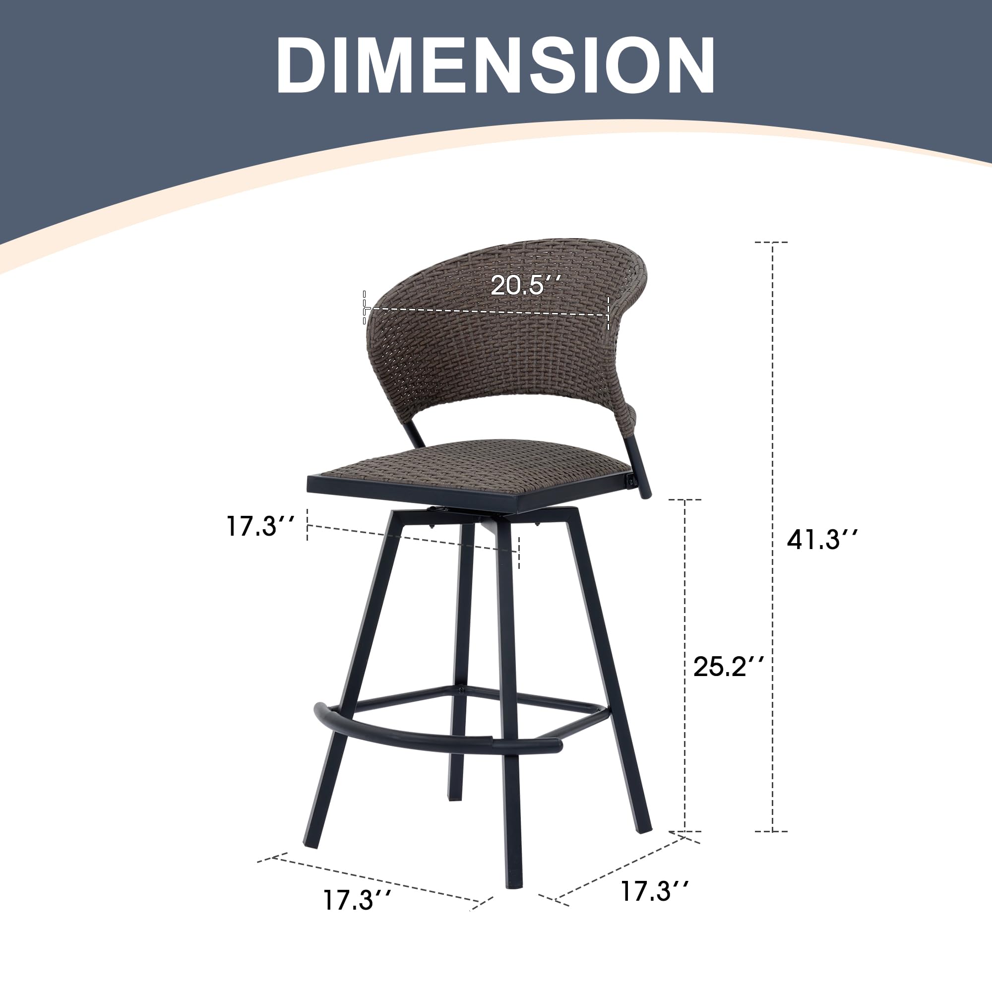 VICLLAX Outdoor 180-Degree Swivel Bar Stools Set of 2, Rattan Tall Patio Chair for Garden Pool Lawn Backyard, Brown