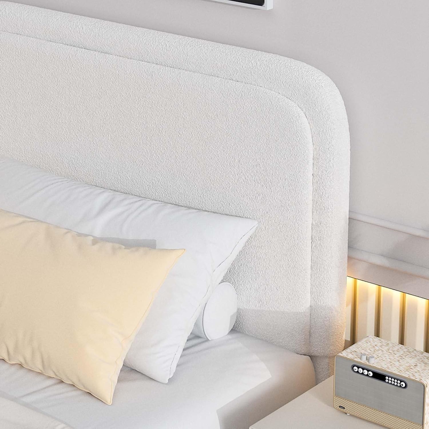Queen Size Boucle Bed Frame with Headboard, Upholstered Platform Bed with Wood Slats, Soft Rounded Corners, No Box Spring Required, Easy Assembly, Cream