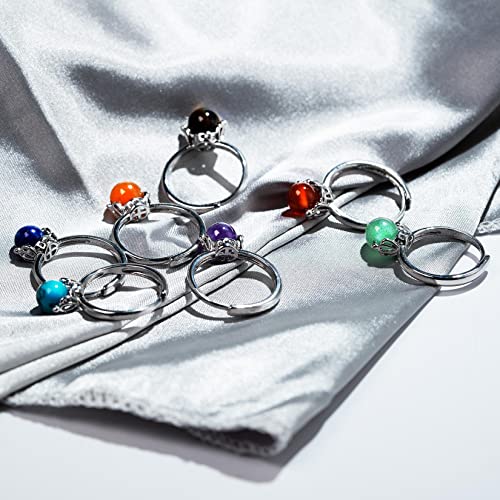Jyotsna 1-7 PCS Natural 7 Chakra Gemstone Adjustable Statement Rings | Crown | Gems Stones 8mm Round | Beads Healing | Crystal Quartz (Chakra)