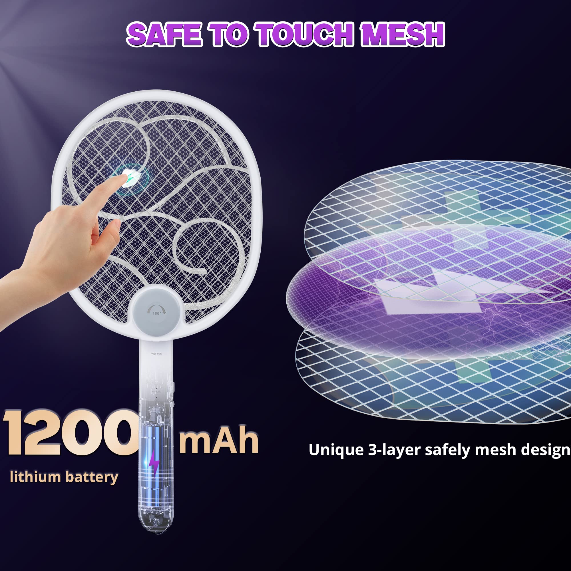 POWIFY 2 in 1 Foldable Electric Fly Swatter, USB Rechargeable Bug Zapper Racket with UV Light, 3 Layers Mesh Mosquito Swatter for Mosquito Fly Gnat Wasp (1 Pack)