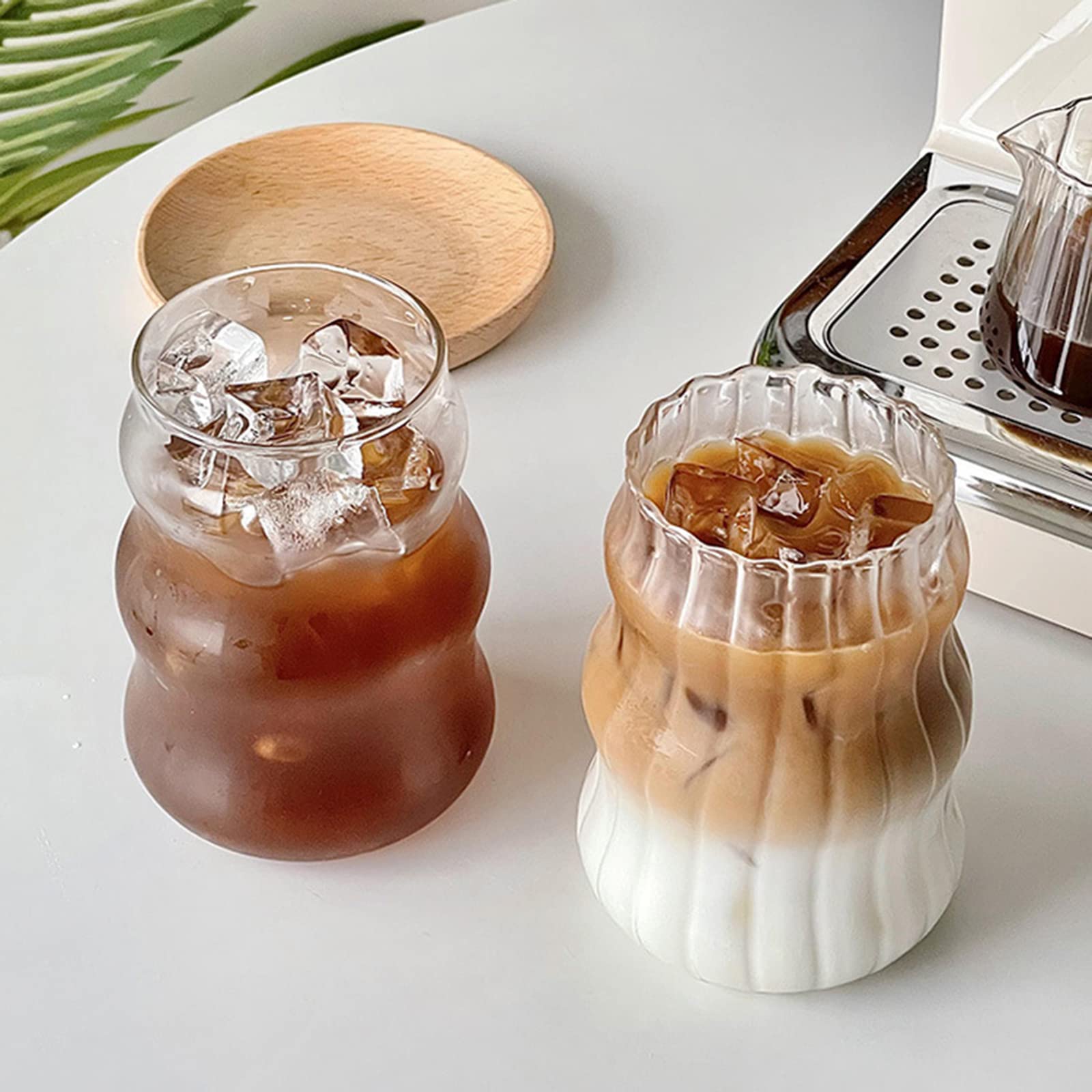 Maritown Ribbed Glassware Drinking Glasses with Straws, 18oz Ripple Glass Cups, Iced Coffee Glasses, Wave Shape Beverage Glasses, Cute Tumbler Cup for Cocktail Whiskey Beer Tea Smoothie Juice