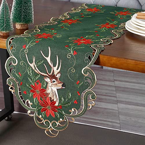 GRANDDECO Christmas holiday table runner 13X45 with Christmas deer and poinsettia crafts (Green, Table Runner 13X45(33X114cm))