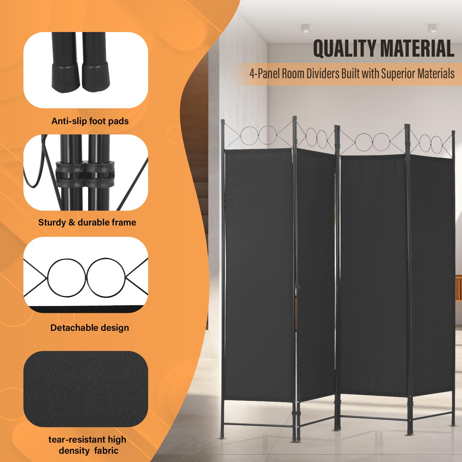 Room Divider,4 Panels Folding Privacy Screen Portable Wall Divider Partition Freestanding Room Dividers for Home Office Room Separation,Black