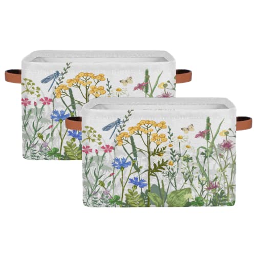 Storage Basket Bin, Flower Herb Butterfly Dragonfly Large Collapsible Storage Cube Box with Handle Durable Waterproof Closet Shelf Organizer for Toy Nursery Bedroom Laundry Basket, 1 Pcs
