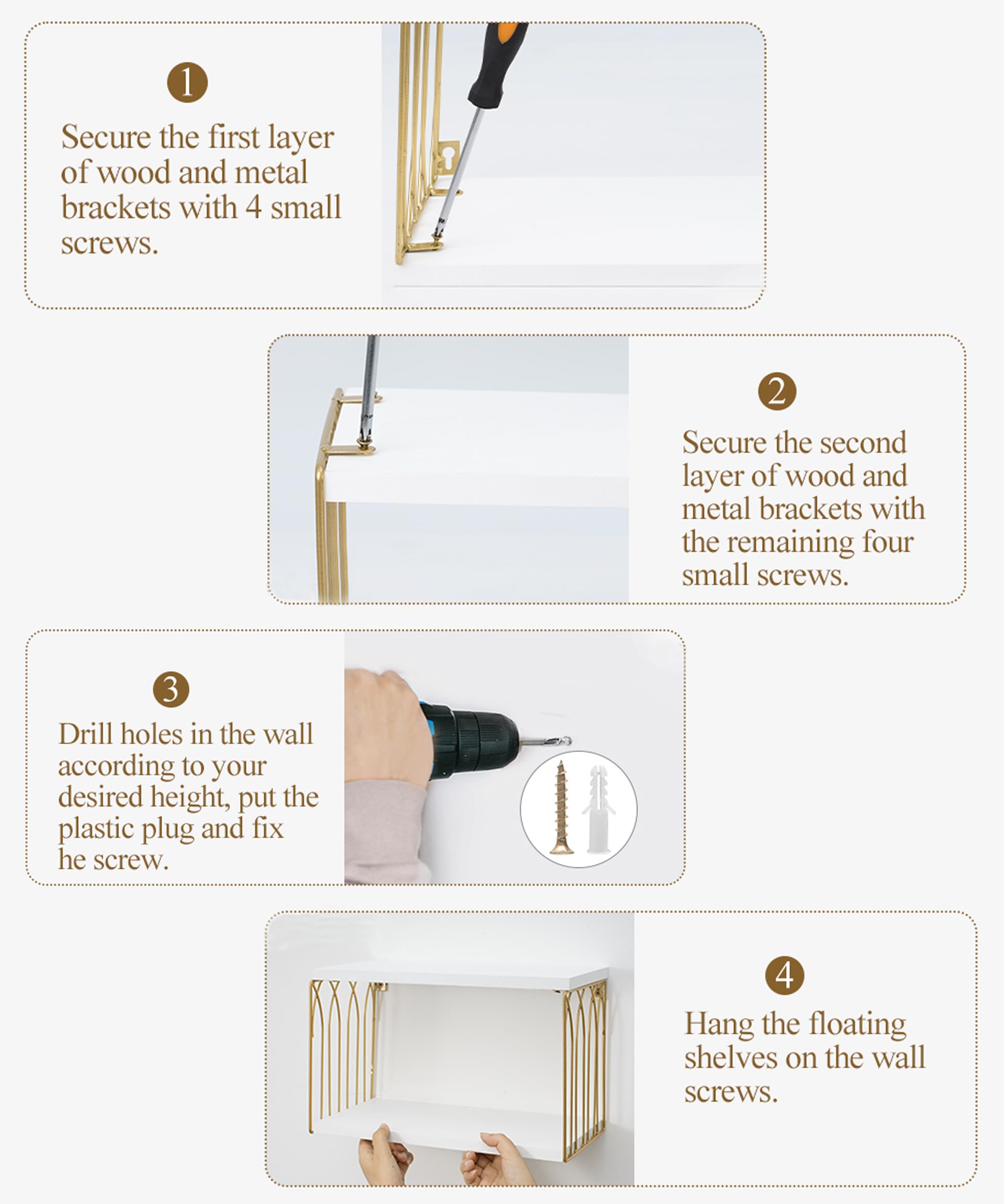 Sivapleso Floating Nightstand, White and Gold Small Wall Mounted Night Stands Modern Minimalism Hanging Bedside Table