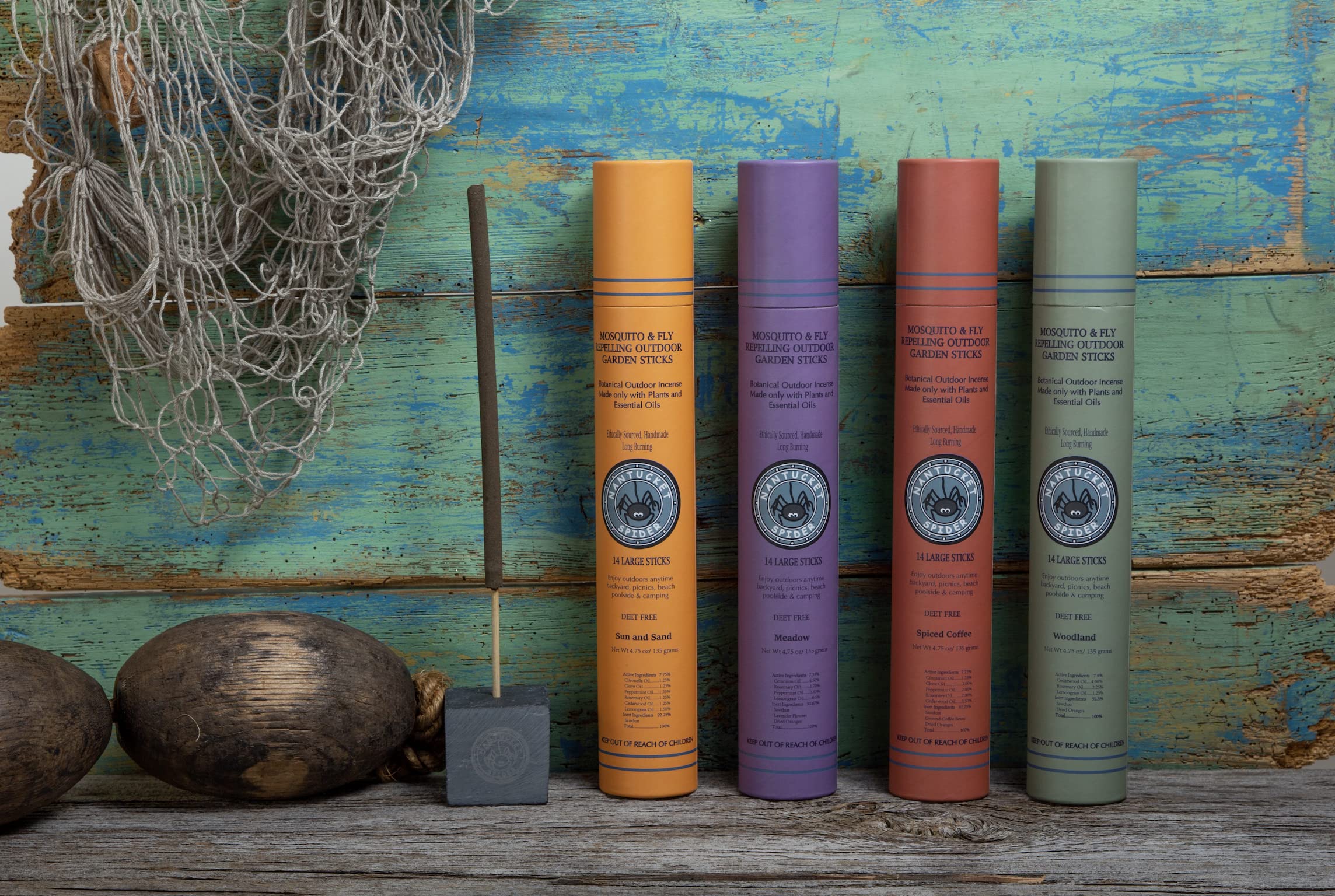 Nantucket Spider Mosquito & Fly Repelling Outdoor Garden Incense Sticks Bundle | 2 Pack (28 Sticks) & Artisanal Stone Block Incense Holder (1ct) | Spiced Coffee (14 Sticks) & Meadow (14 Sticks)