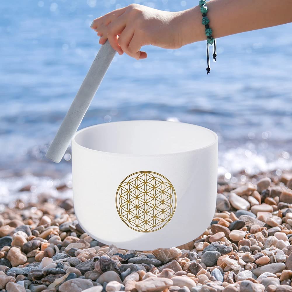 N/A 528Hz 8" C 5 Octave Chakra Frosted Quartz Crystal Singing Bowl with Flower of Life
