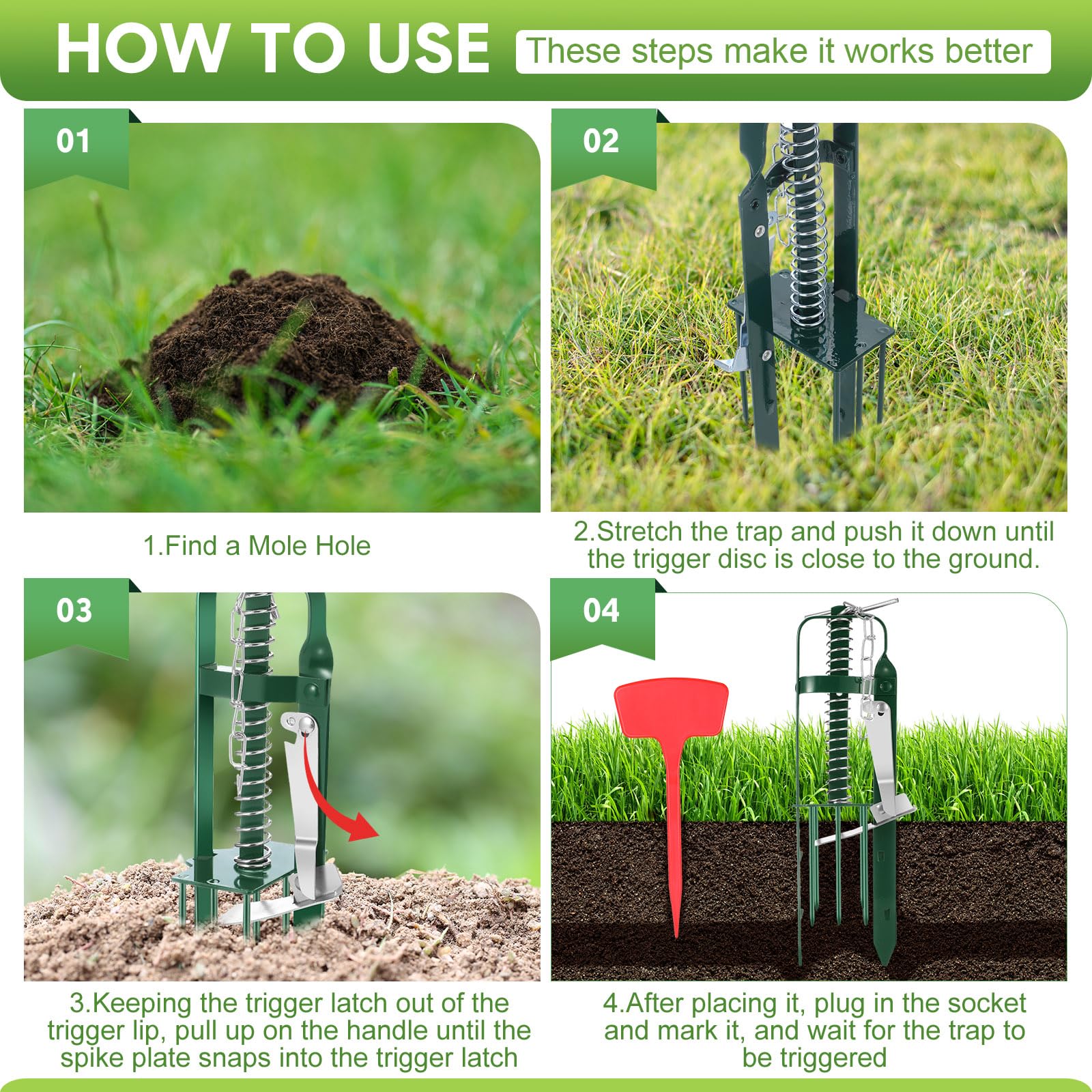 Qualirey 4 Pack Mole Trap Gopher Trap Ground Squirrel Trap Galvanized and Oil Hardened Spear Style Mole Killer Animal Trap Reusable for Lawn Garden Farm (Green)