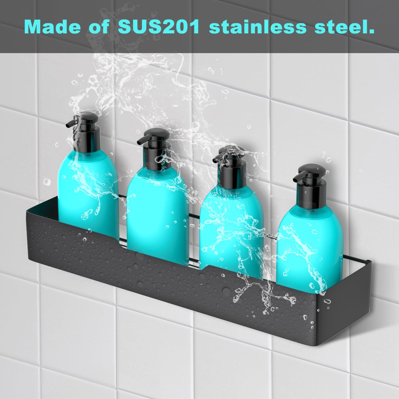 Shower Caddy Organizer Rack Bathroom Shelves and Storage Adhesive No Drilling for Shampoo with Soap Holder with 6 Removable Hooks (2 Pack)