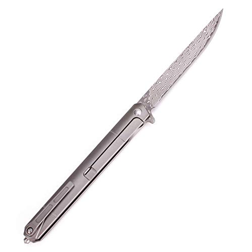 Samior GD035 Small Slim Folding Pocket Flipper Knife, 3.5 inches VG10 Damascus Tanto Blade, Slender Grey Titanium Handle Frame Lock Pocket Clip, Gentleman's EDC Knives