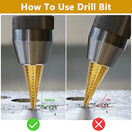 PRECIHW 15 Sizes Step Drill Bit, 4mm-32mm (3/16" to 1-1/4") Titanium Coated Multi Step Drill Bits for Sheet Metal Hole Drilling, HSS Multi Size Unibit Drill Bits for Metal, Aluminium and Wood