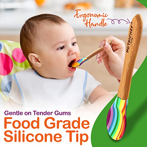 Nutrichef Baby and Toddler, 3 Compartment Plate, Bowl, Cup and Spoon Feeding Set- Silicon Suction, Non-toxic All Natural Bamboo Baby Food Plate (Stripe Set)