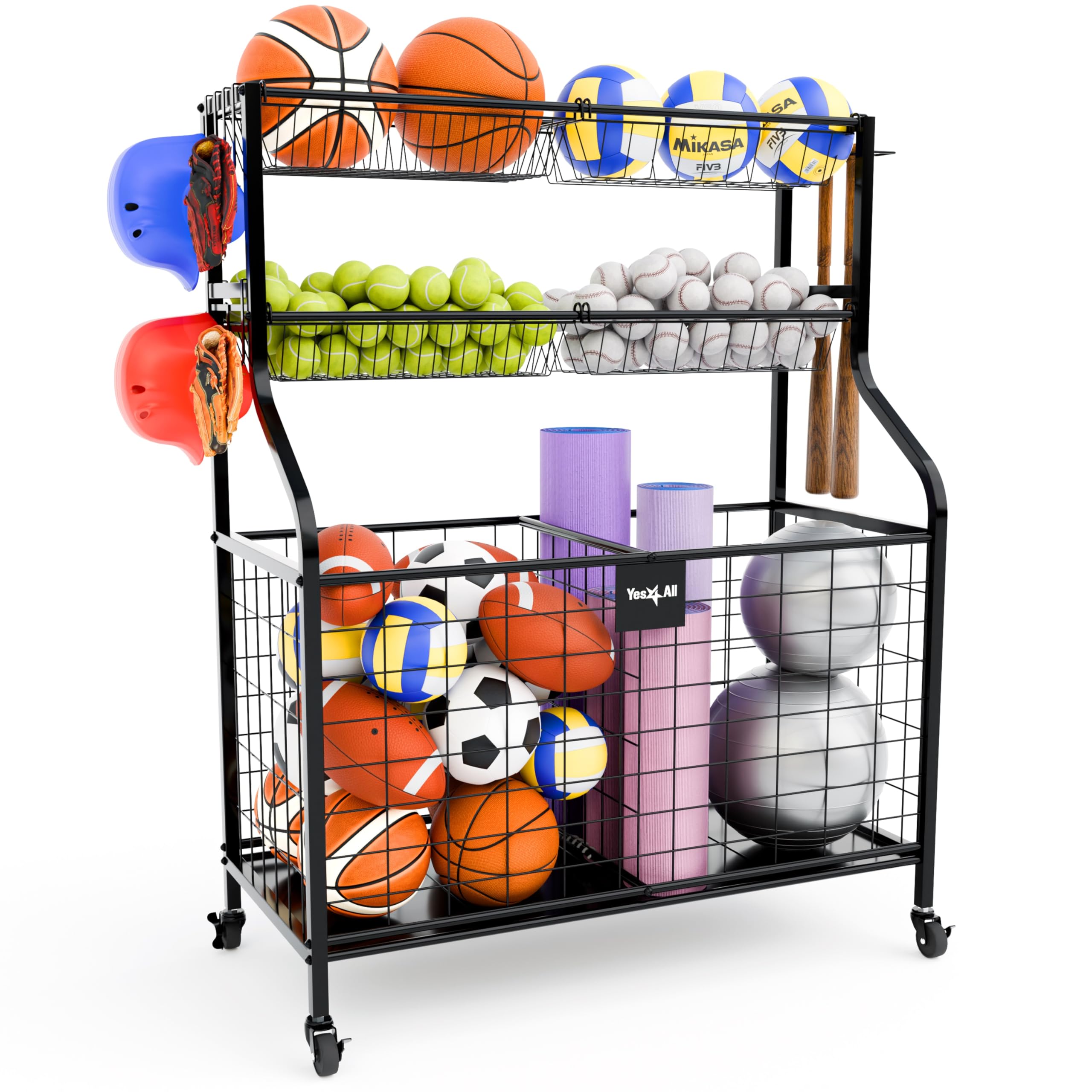 YES4ALL Sports Equipment Garage Organizer, Garage Ball Storage, Ball Cart, Ball Rack, Garage Organizer for Garage with Basket and Hooks, Rolling Sports Ball Storage Cart for Indoor/Outdoor Use, Steel