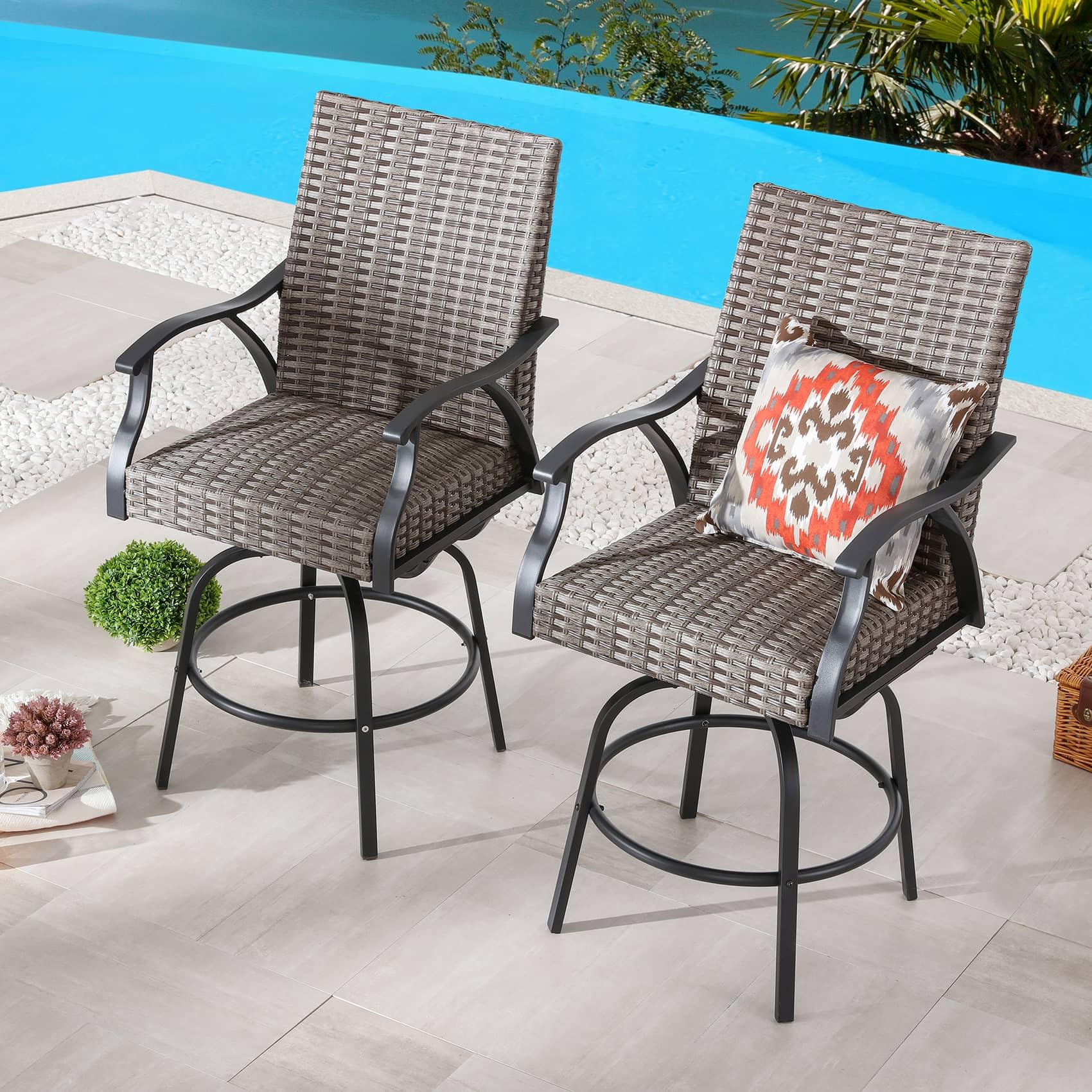 TOP HOME SPACE Patio Bar Stools High Back Outdoor Swivel Bar Height Stool Wicker Chairs Set of 2 with Built-in Cushion Metal Frame for Deck Porch Backyard
